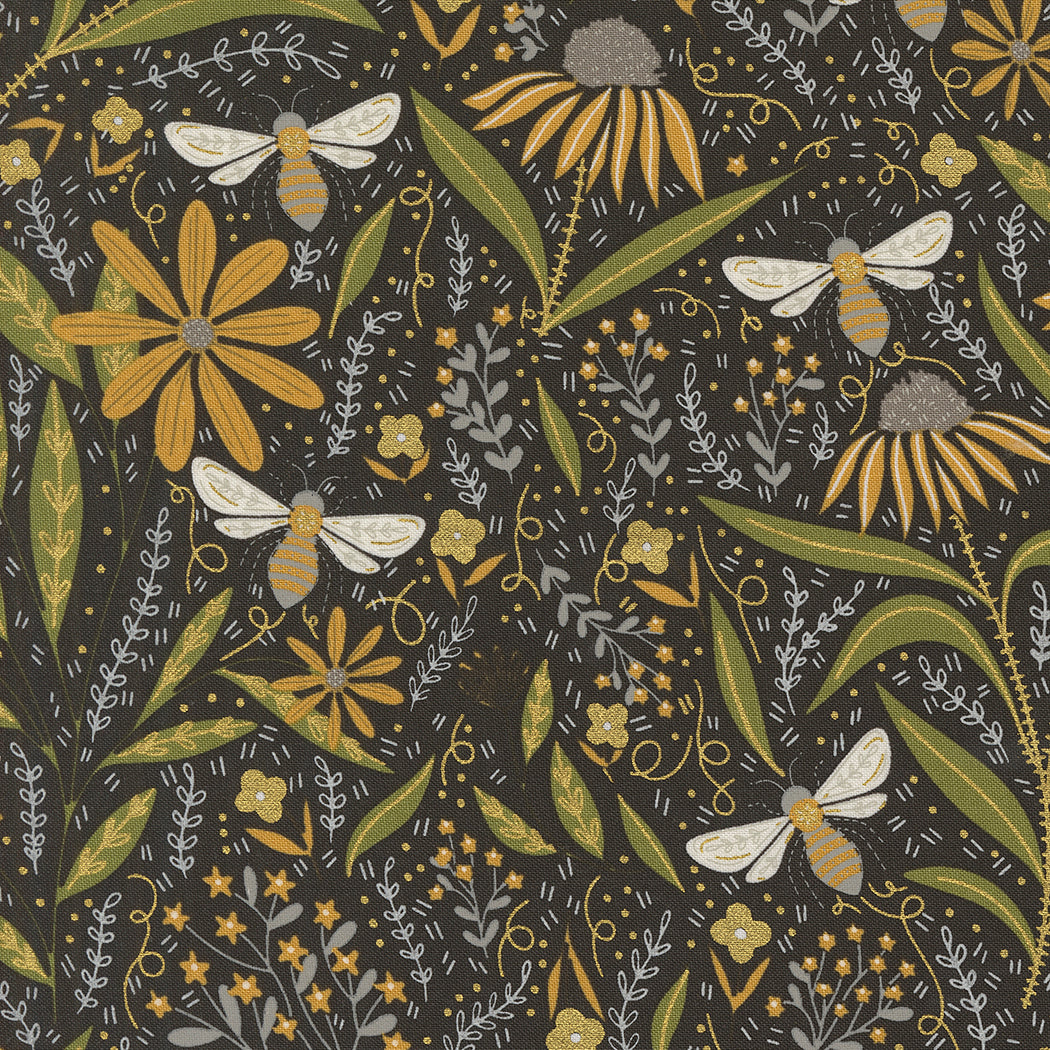Bee Garden Metallic Floral Bees Quilting Fabric in Black – Mockingbird ...